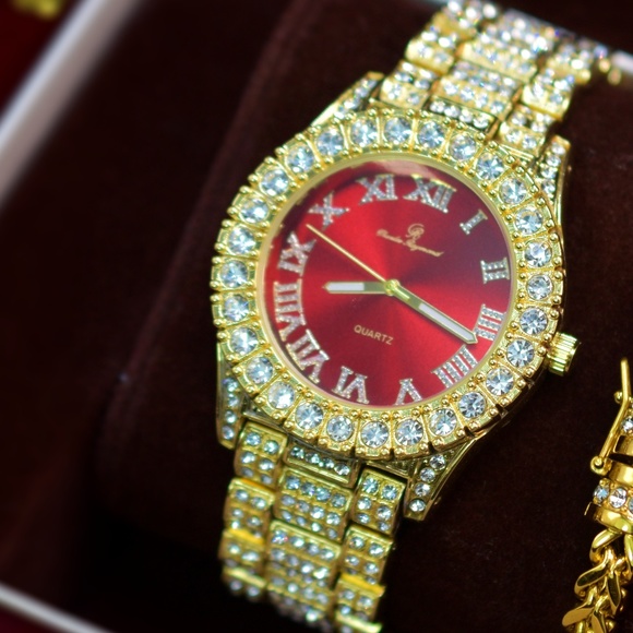 Accessories | Full Iced Out Red Face Dial Mens Luxury Watch | Poshmark